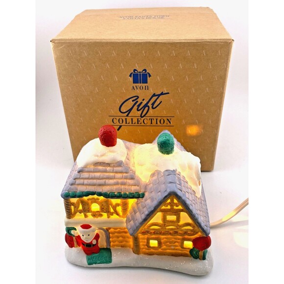 Avon | Holiday | Nos Vtg Santa Town Ceramic Santas Gingerbread House ...